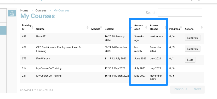 E-learning/Online Content: Student portal's view